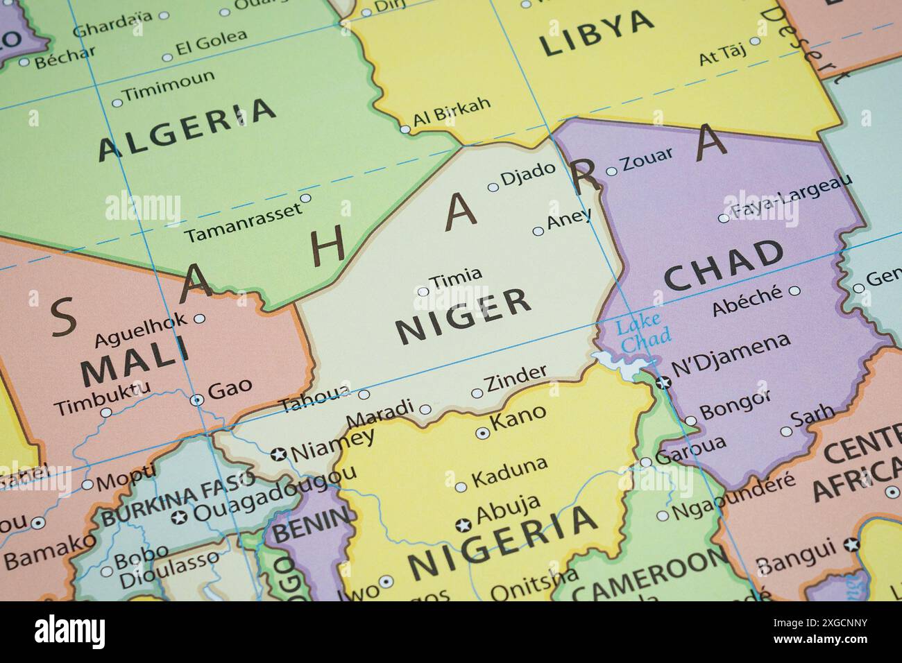 Close up to a Niger political map with country frontiers and most ...
