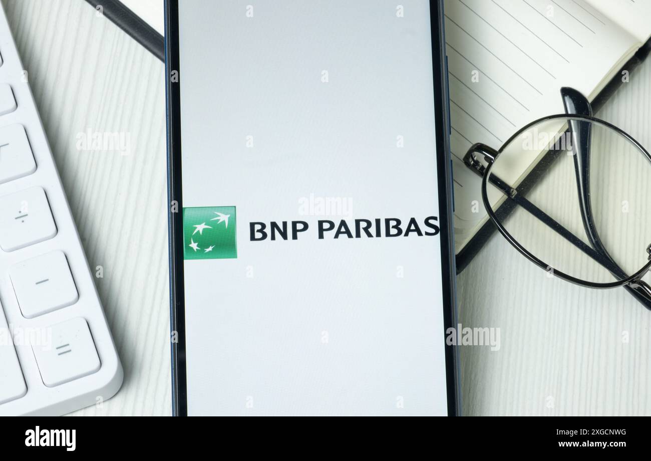 New York, USA - 21 June 2024: BNP Paribas Logo on Phone Screen, Company ...