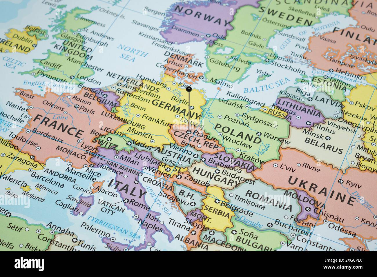 Close up to a Prague city with a black pin needle into Czech Republic ...