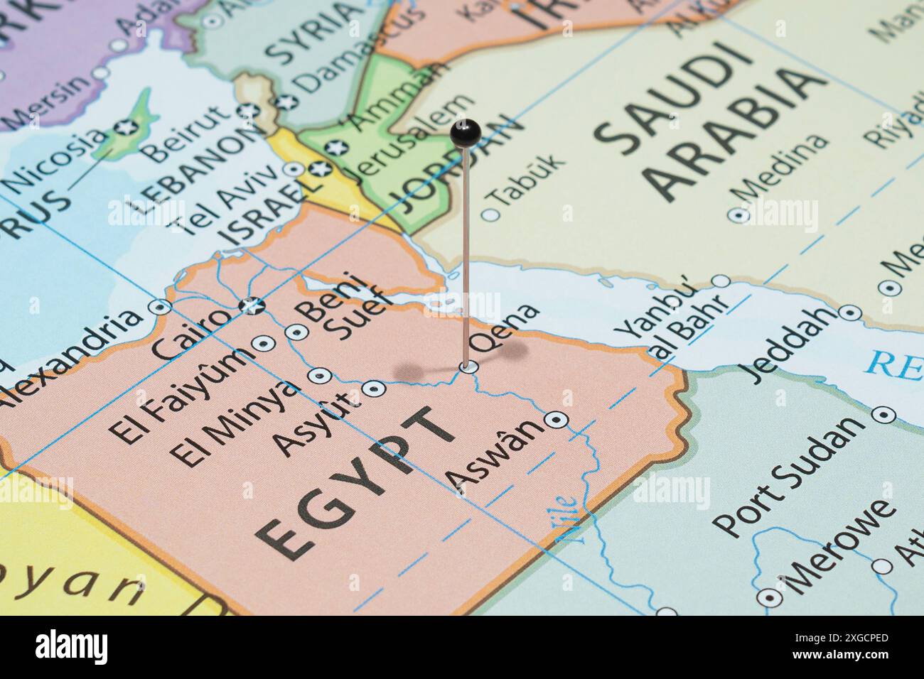 Close up to a Qena city with a black pin needle into Egypt country ...