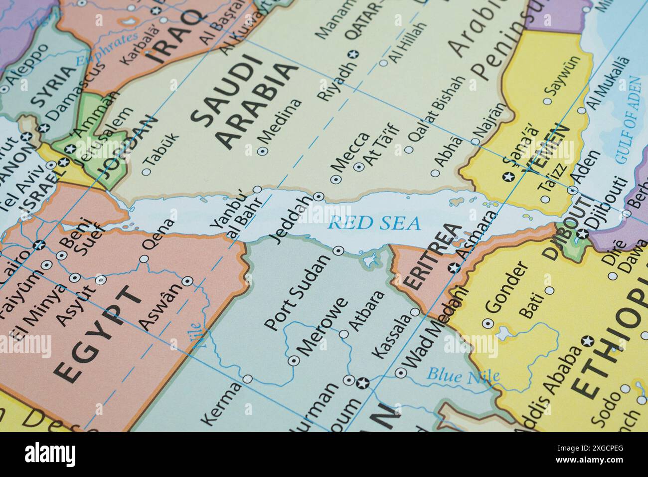 Close up to a red sea region in north of africa political map with ...