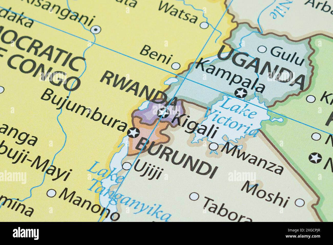 Close up to a Rwanda political map with country frontiers and most ...