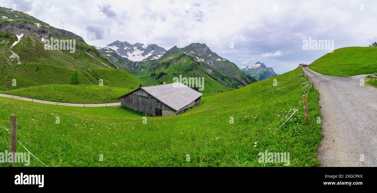 panorama with alpine farm in the mountains from Austria, farmhouse and ...