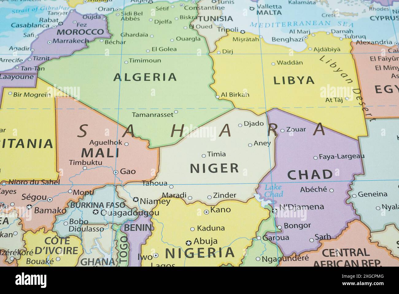 Close up to a sahara desert region in north of africa political map ...
