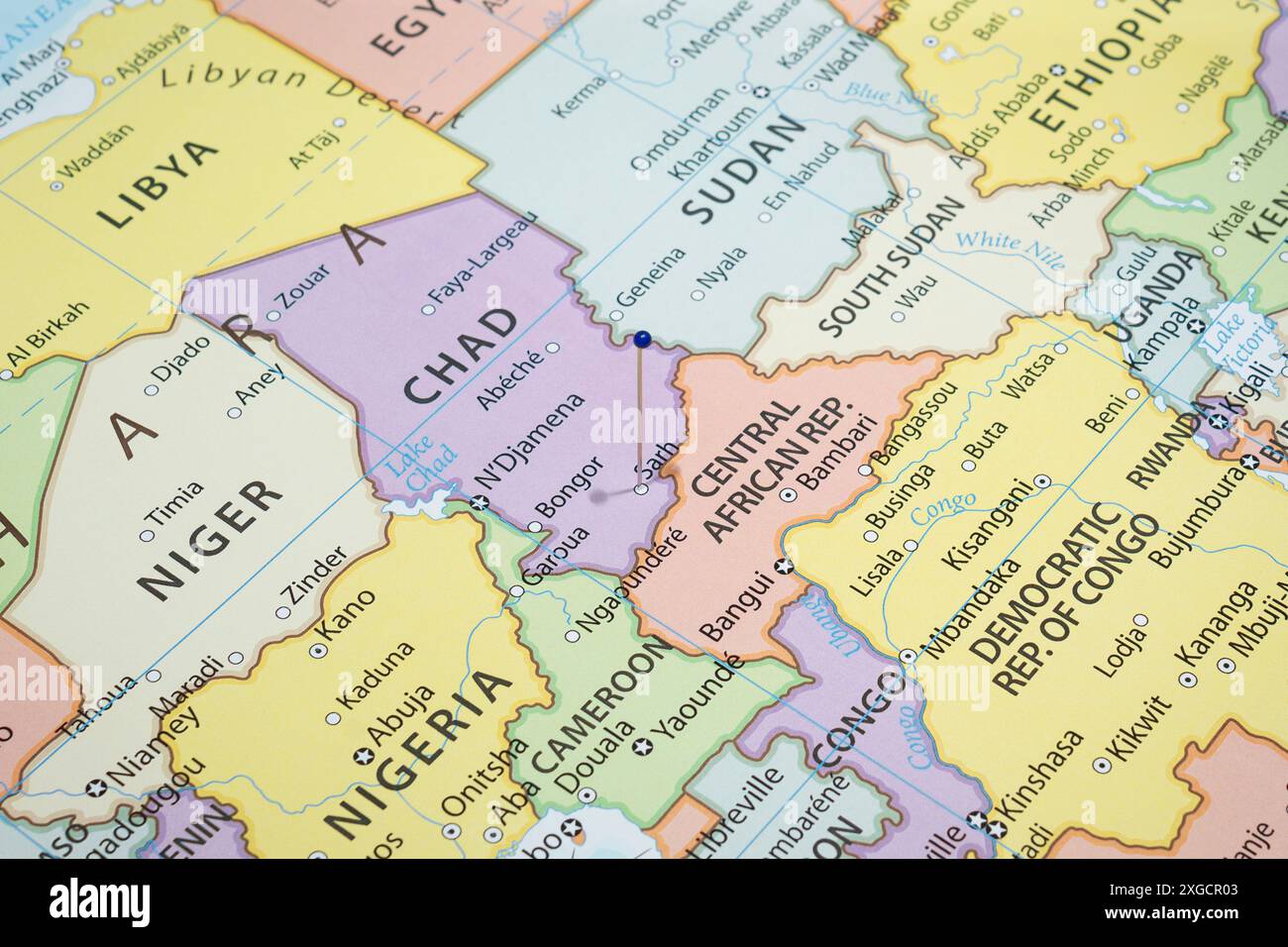 Close up to a Sarh city with a blue pin needle into Chad country political map Stock Photo - Alamy