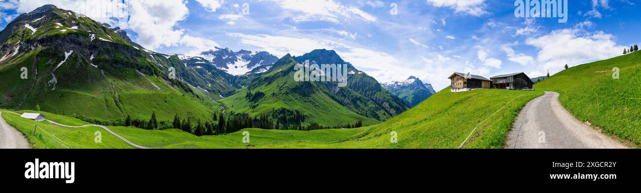 panorama with alpine farm in the mountains from Austria, farmhouse and ...