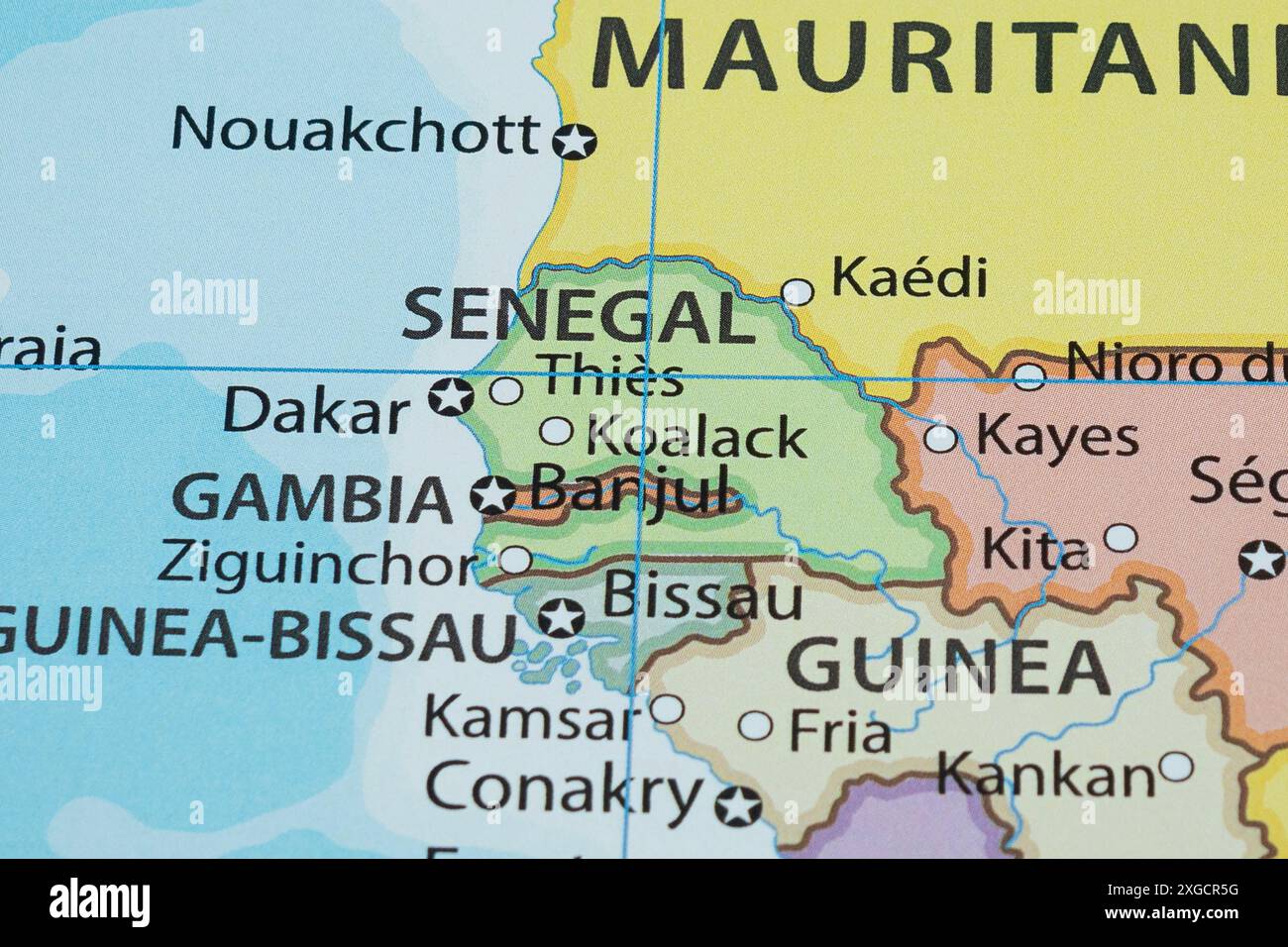 Close up to a Senegal political map with country frontiers and most ...