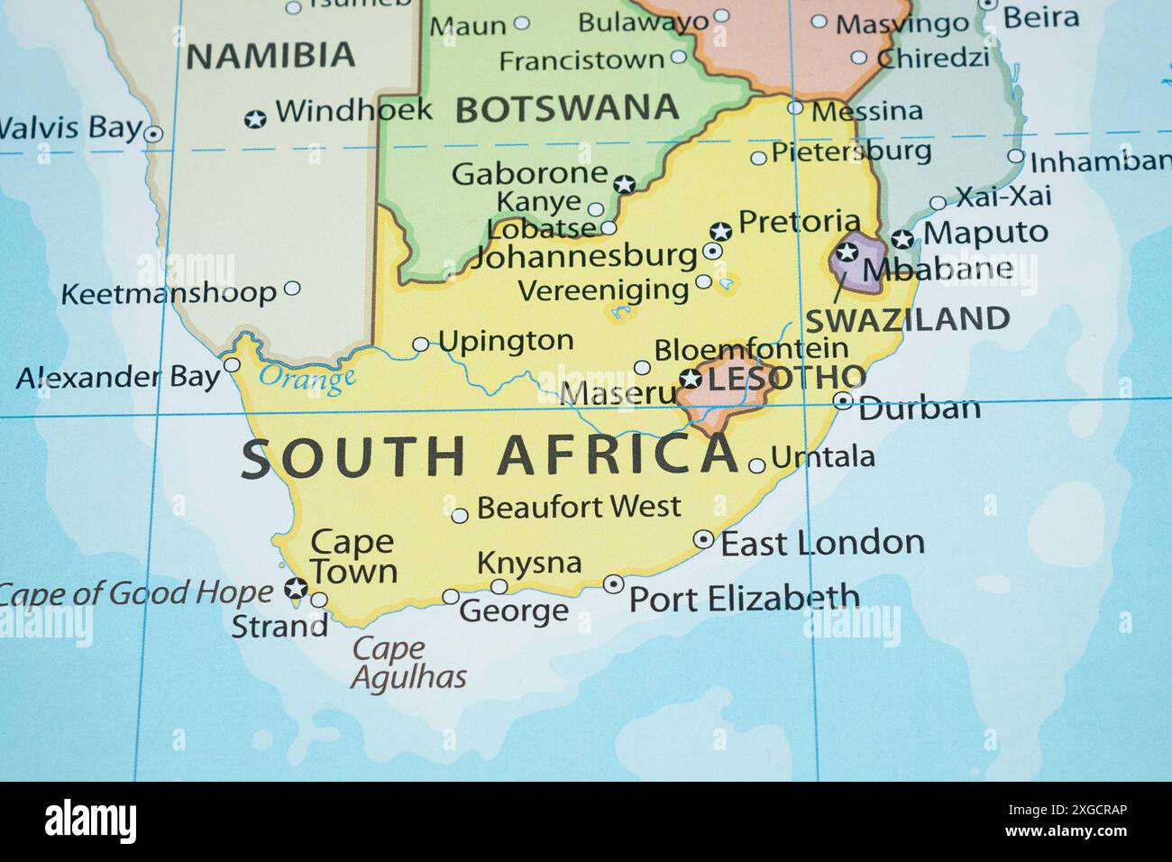 Close up to a South Africa political map with country frontiers and ...