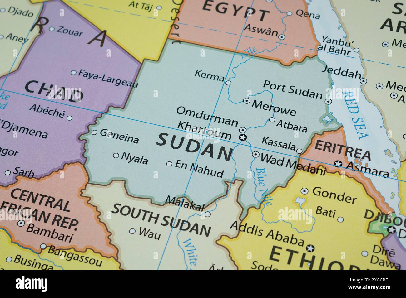 Close up to a Sudan political map with country frontiers and most ...