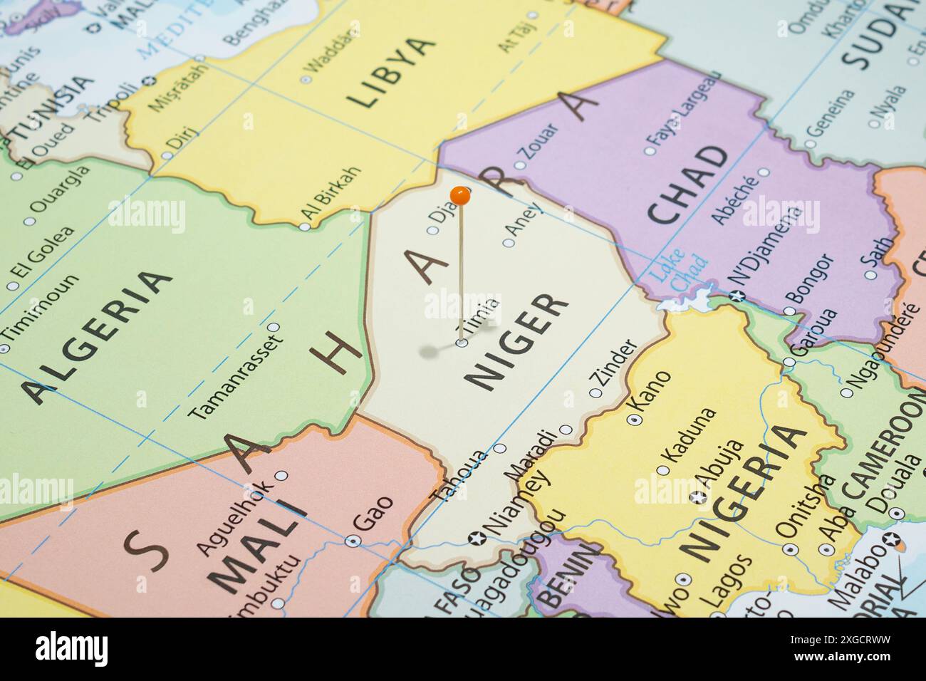 Close up to a Timia town with an orange pin needle into Niger country ...