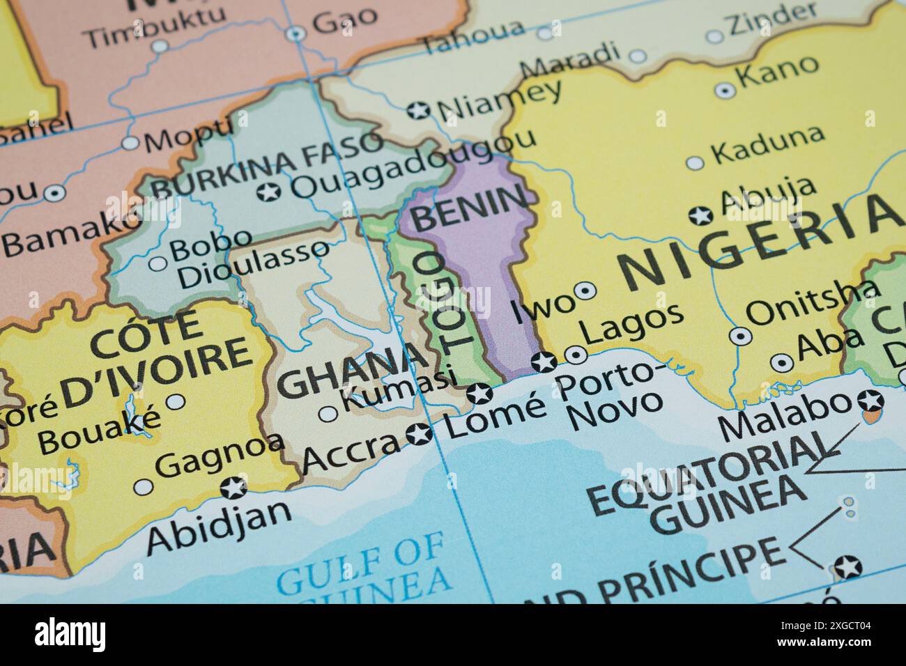 Close up to a Togo political map with country frontiers and most ...