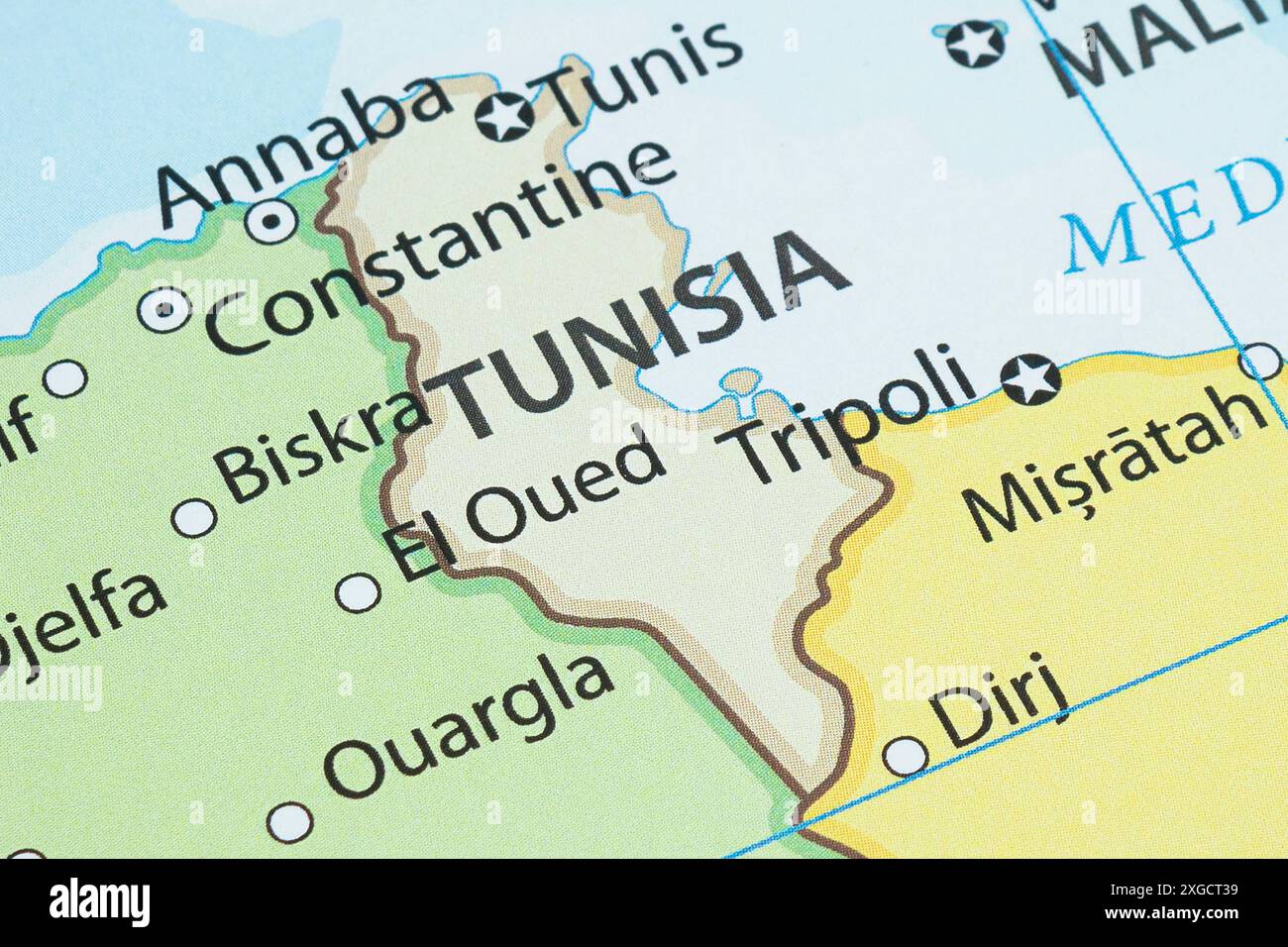 Close up to a Tunisia political map with country frontiers and most ...