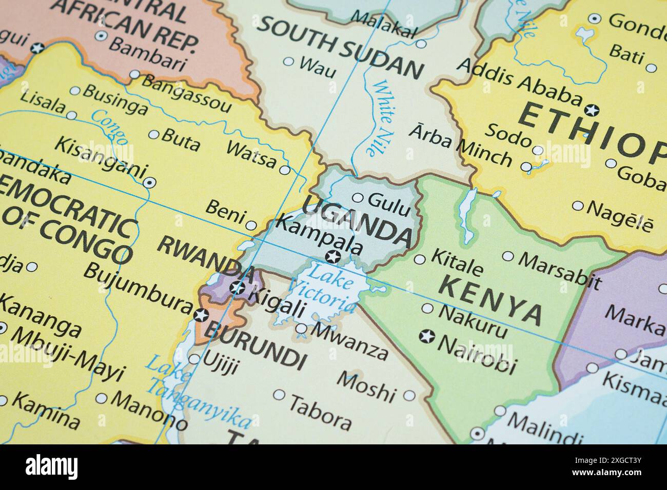 Close up to a Uganda political map with country frontiers and most ...