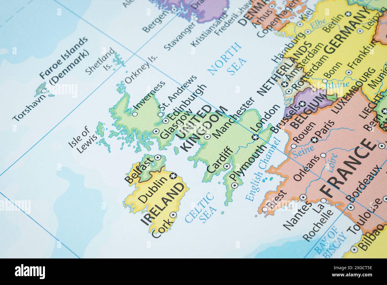 Close up to a United Kingdom political map with country frontiers and ...