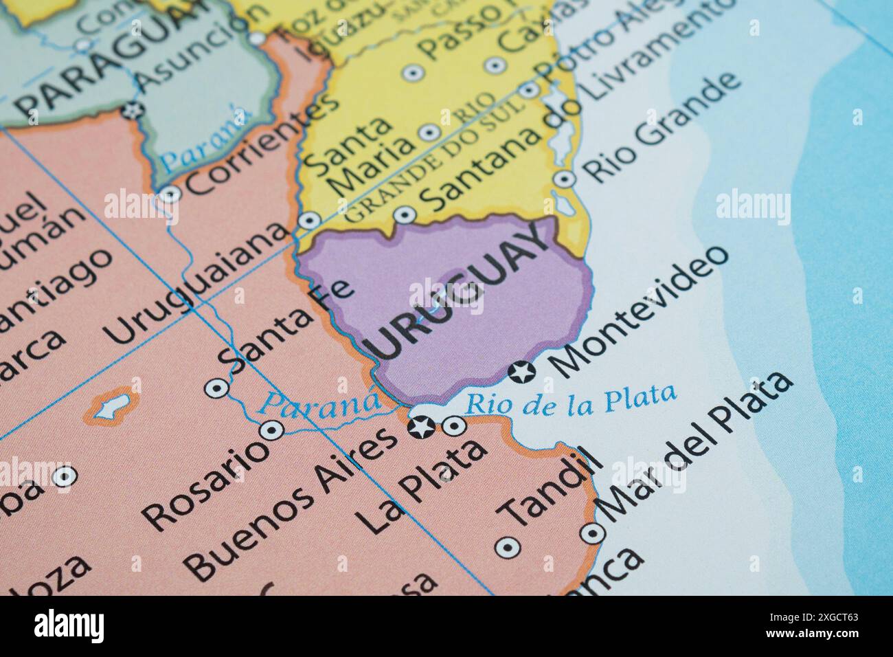 Macro photo of Uruguay political map with country frontiers and most ...