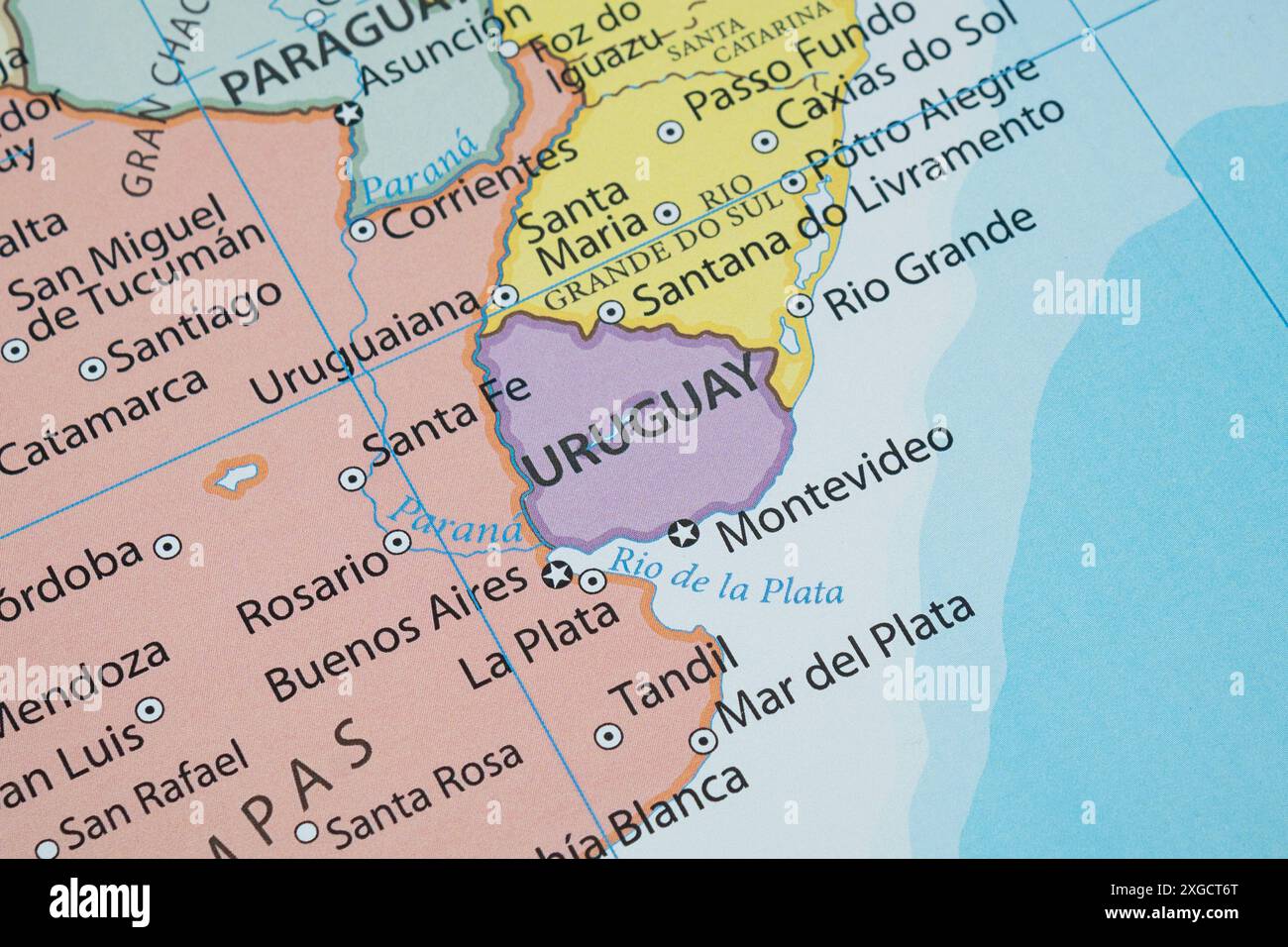 Close up to a Uruguay political map with country frontiers and most ...