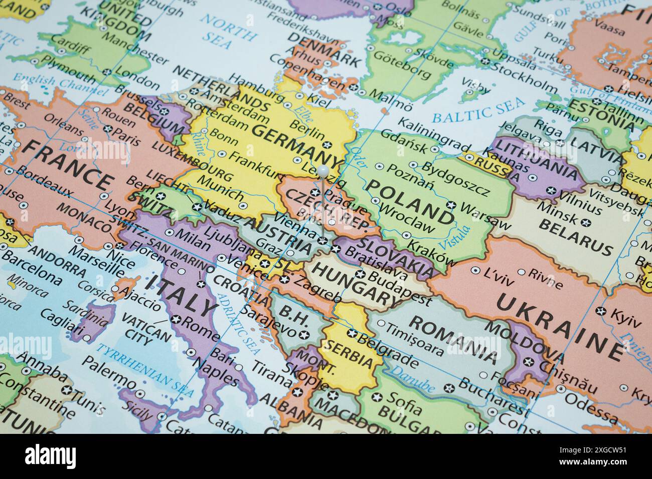 Close up to a Vienna city with a white pin needle into Austria country ...