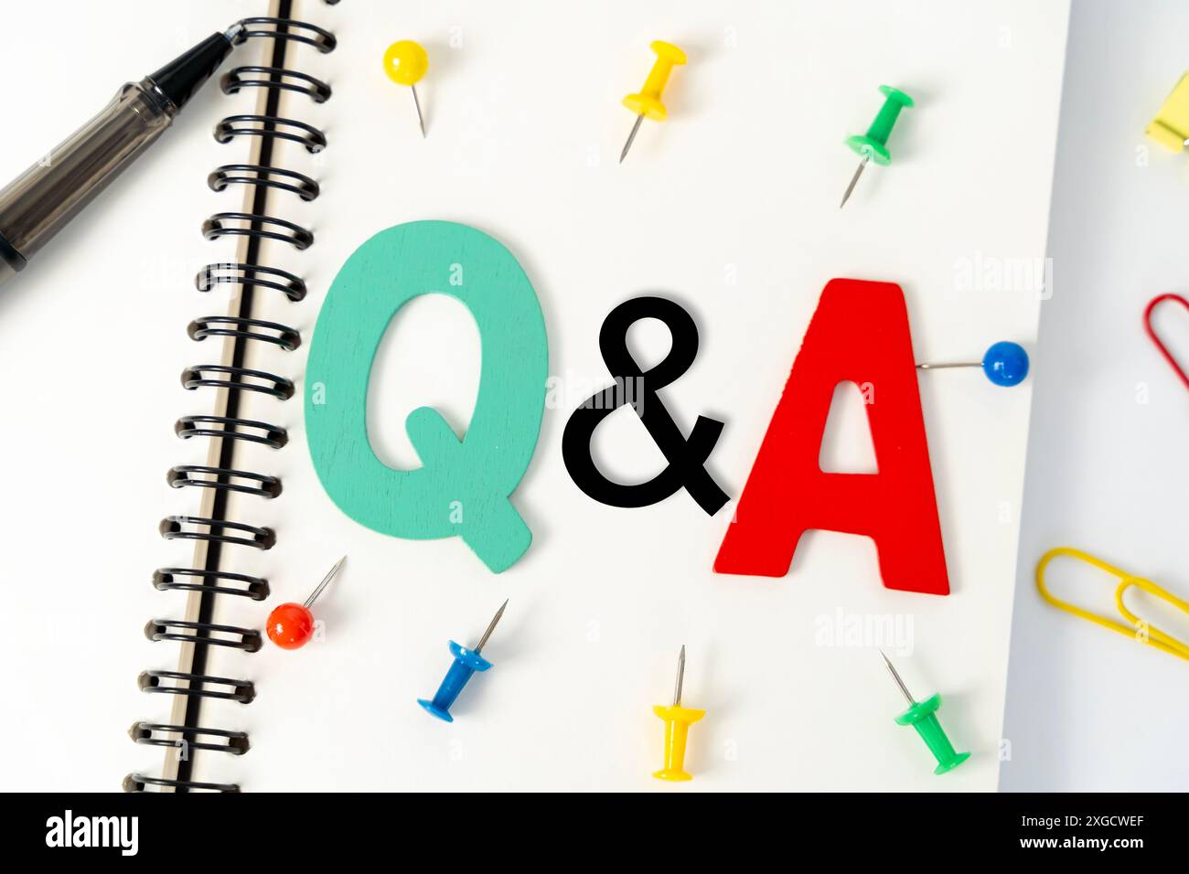 Blank multi-colored note paper with QA or questions and answers written ...