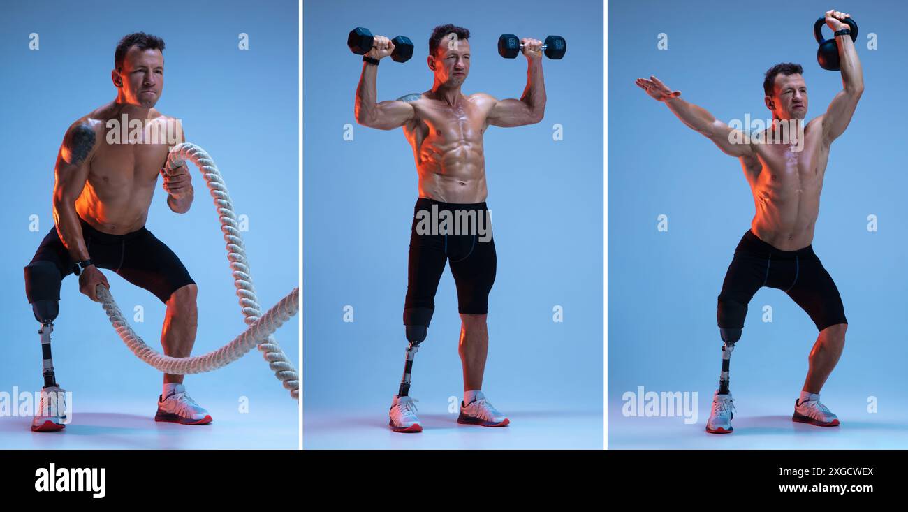 Collage. Athletic man with prosthetic leg doing rope training ...