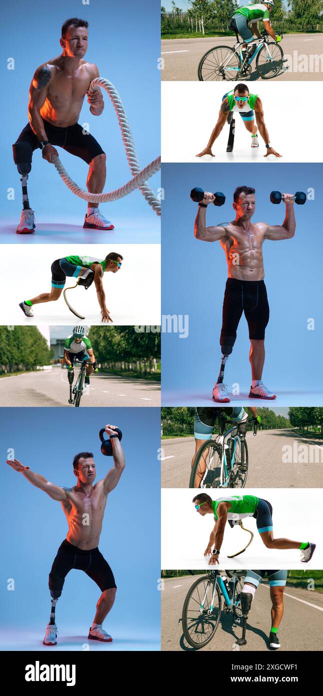 Vertical collage. Man, athlete with prosthetic limbs engaged in various ...