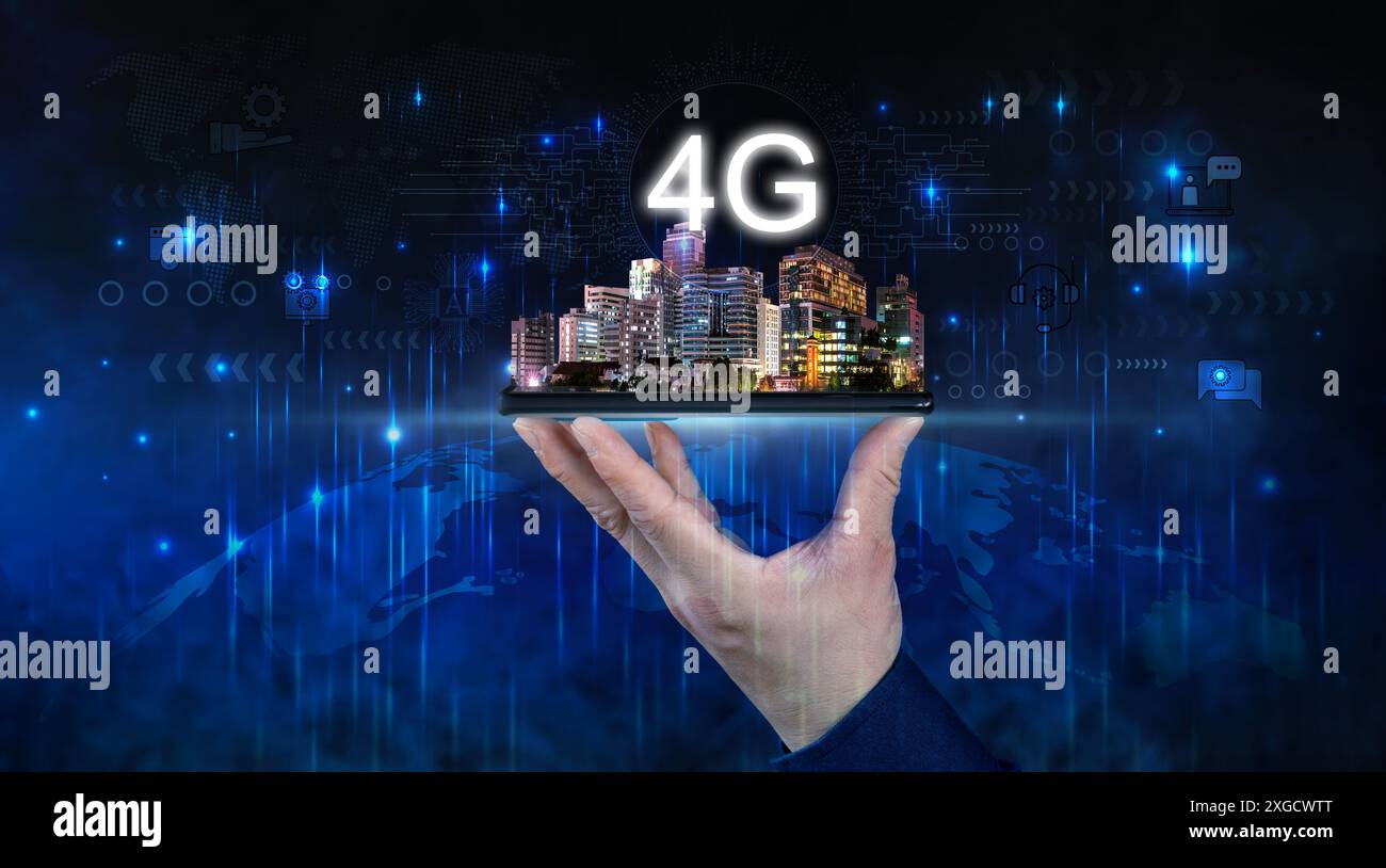 Creative background, male hand holding a phone with 4G hologram on city ...