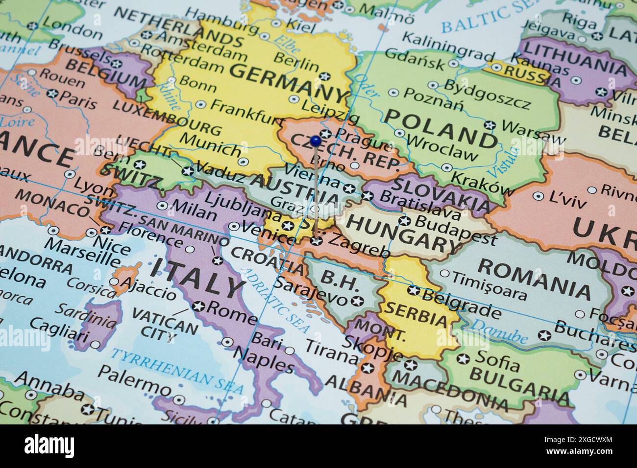 Close up to a Zagreb city with a blue pin needle into Croatia country ...