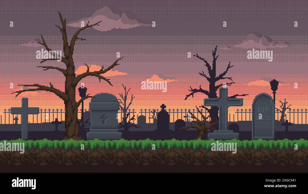 The background of the cemetery in pixel art style. Vector seamless ...