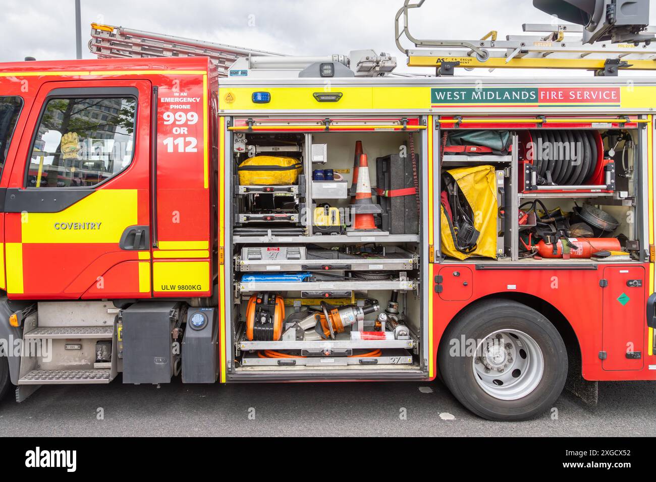 Rear view of a West Midlands Fire Service fire engine. The side doors ...