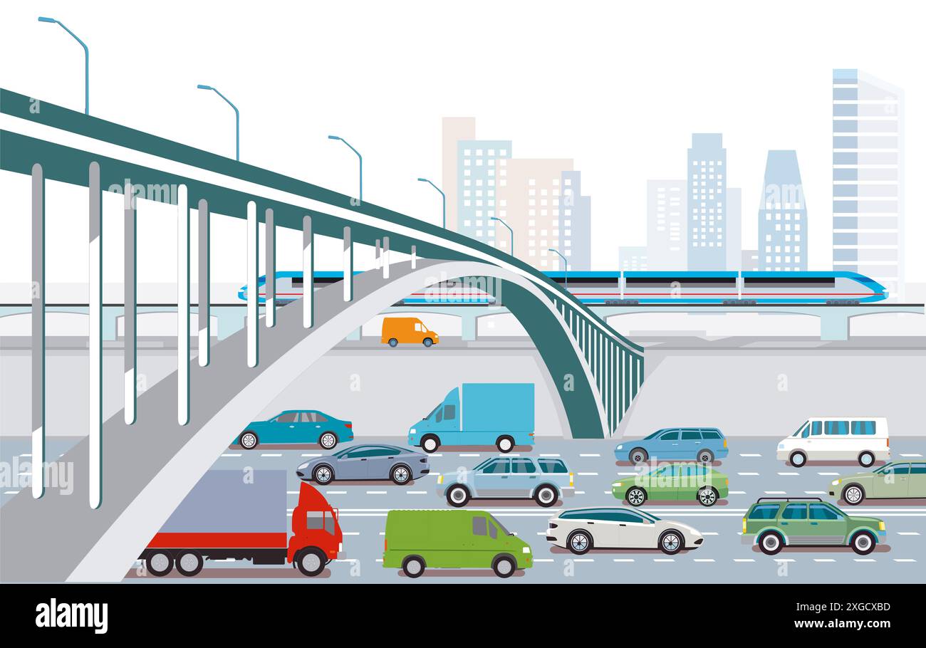 Passenger cars and trucks on the highway with Express train and freight ...