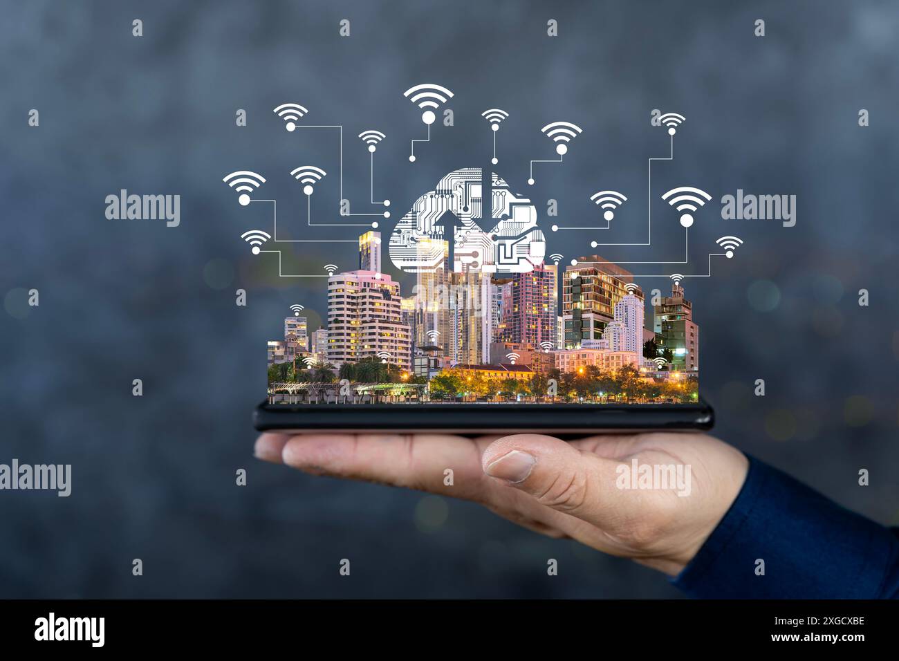 Smart City and Internet of Things (IOT) on smartphone in hand, object ...