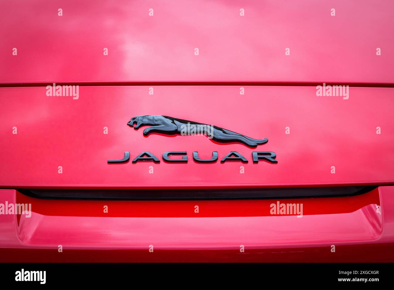 Detail of the iconic leaping Jaguar emblem on a red Jaguar car. Jaguar ...