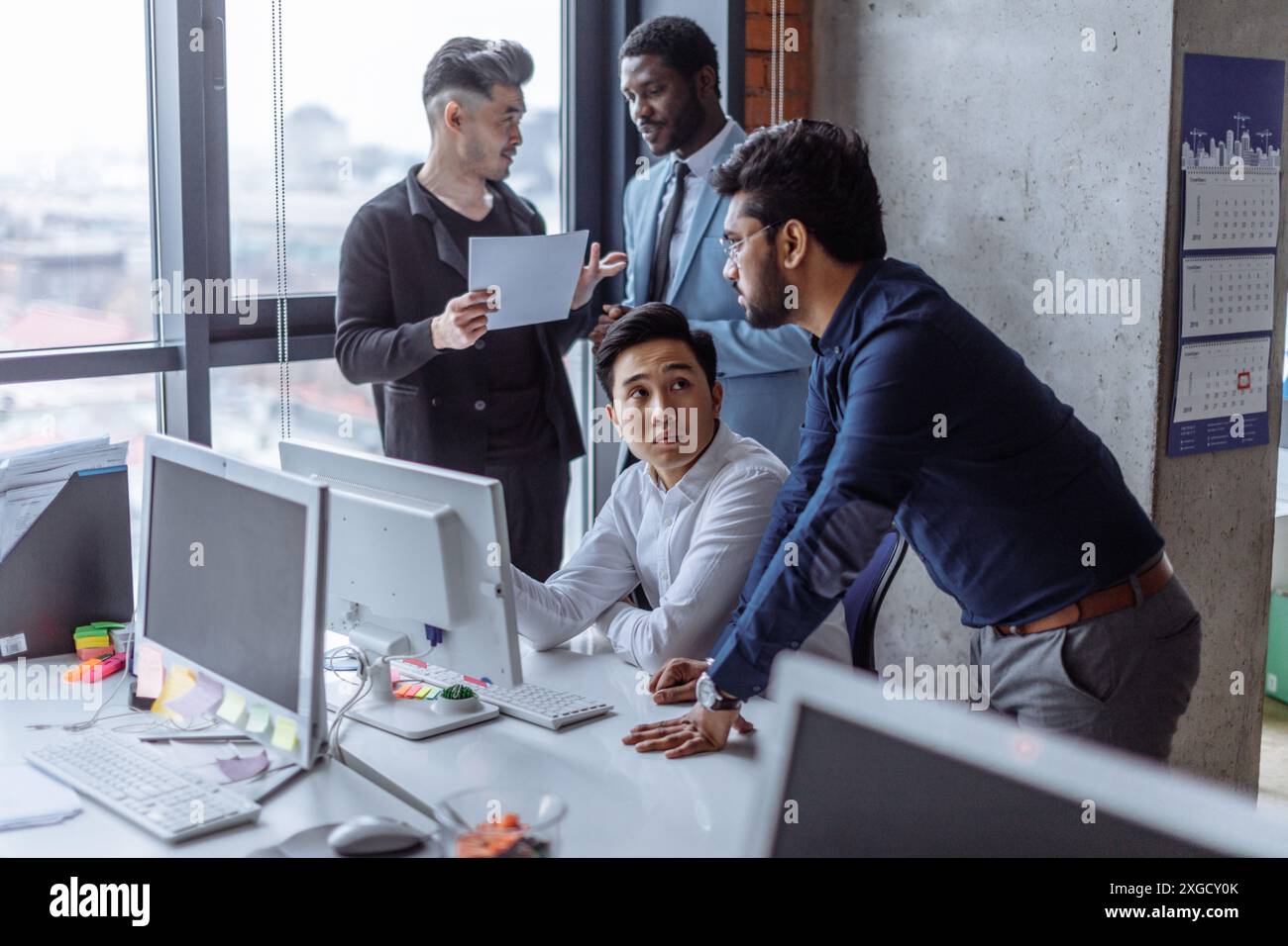 Male corporate team show activity at teambuilding with multiethnic colleagues, mixed race ...