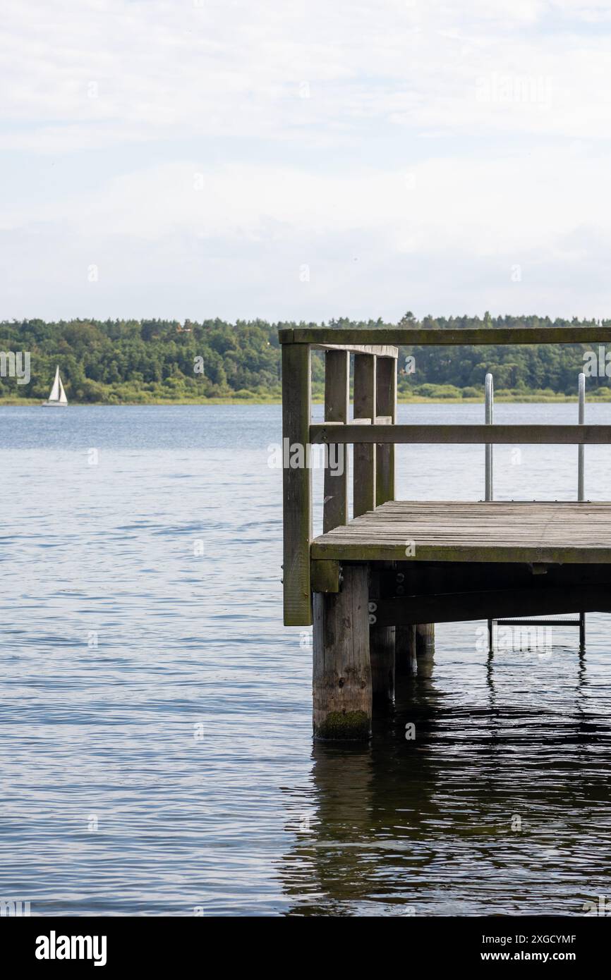 A wooden pier or jetty extends over calm lake water with a forest in ...