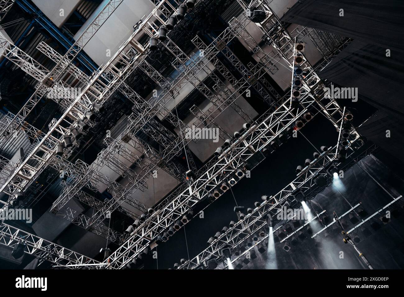 General view of Stage construction with trusses, loudspeakers and stage ...