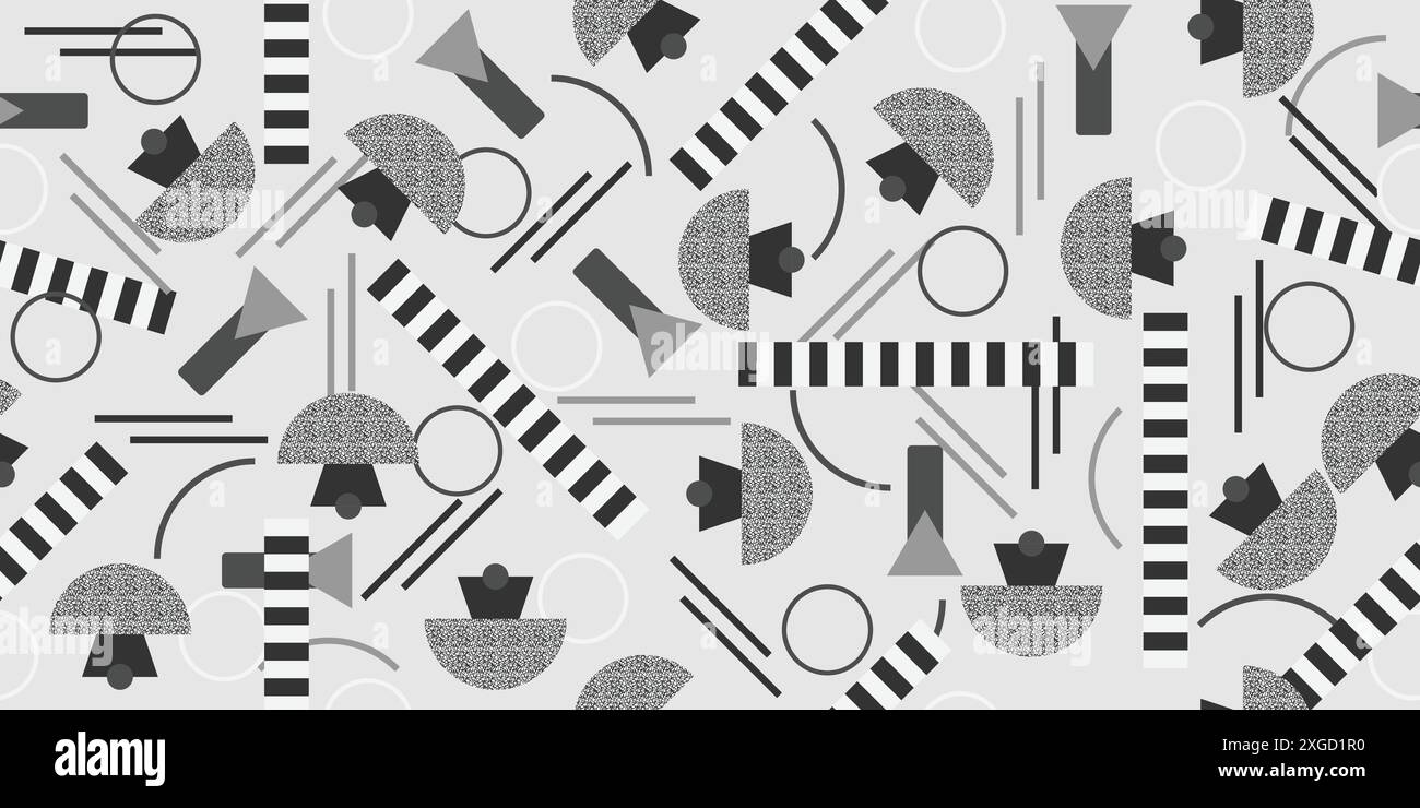 An abstract geometric grayscale pattern with various shapes and lines ...