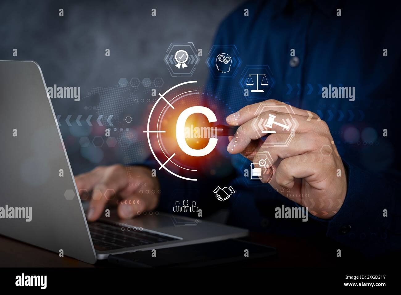 Copyright or patent concept, Person hand using laptop computer on desk ...