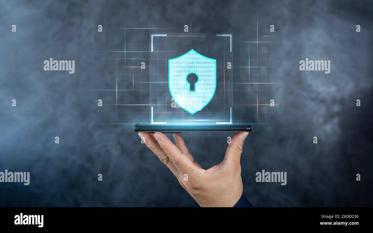 Cyber security technology and data protection privacy concepts. Shield icon on futuristic ...