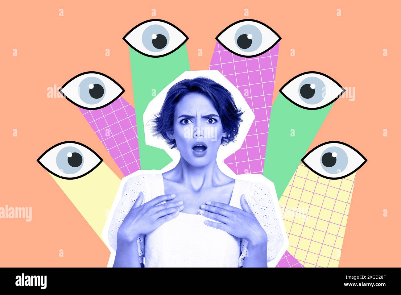 Creative collage image young shocked girl confused reaction eyeball ...