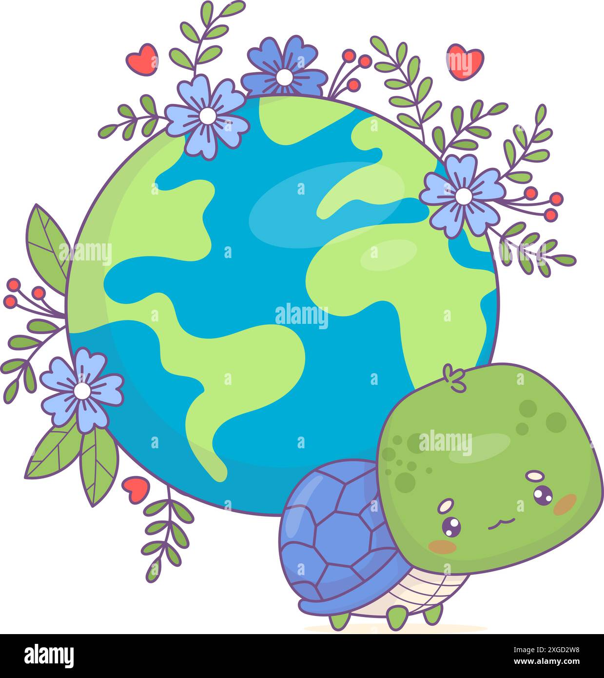 Cute cartoon kawaii turtle character with planet Earth and flowers ...