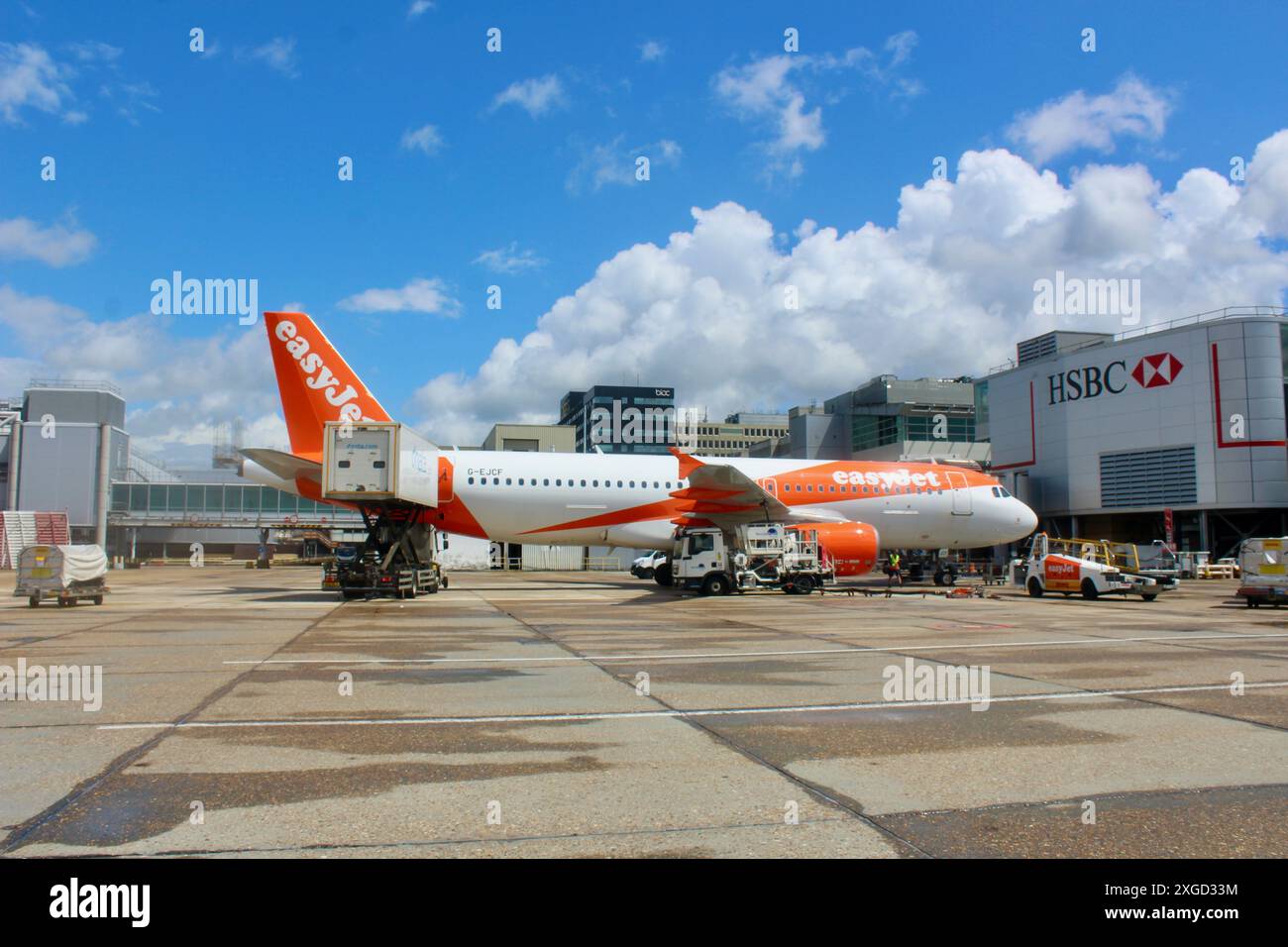 Gatwick airport- an easy jet plane at the HSBC branded terminal being ...