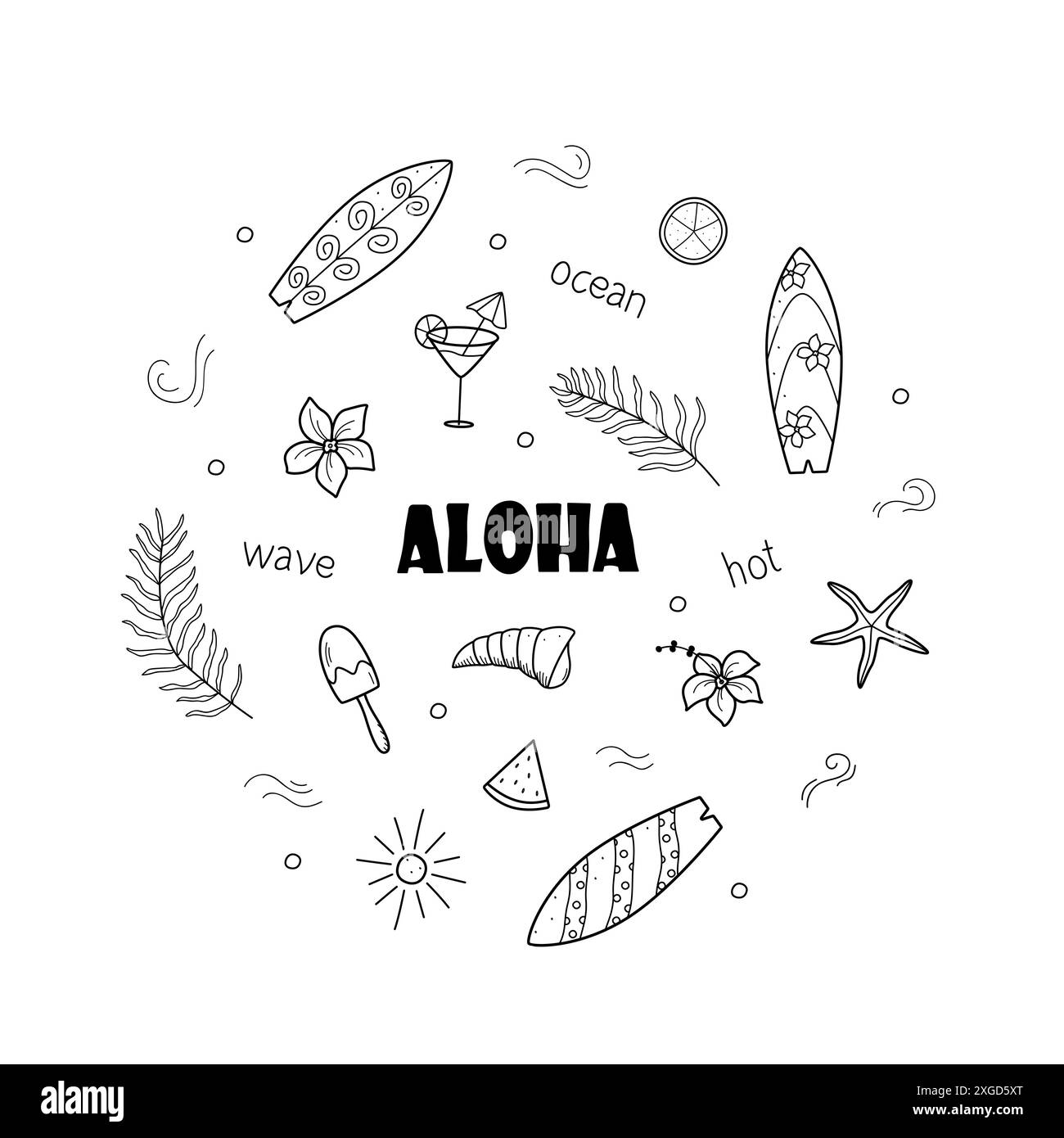 Aloha summer doodle icons. Vector illustration of a surfboard, palm ...