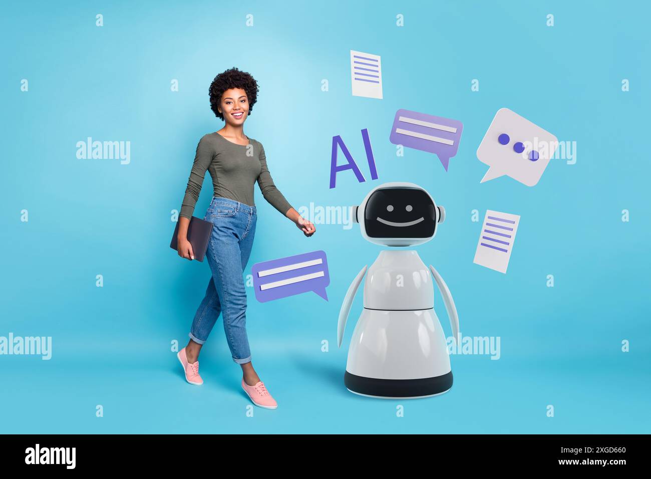 Composite artwork collage image picture of girl hold laptop chat gpt ai ...