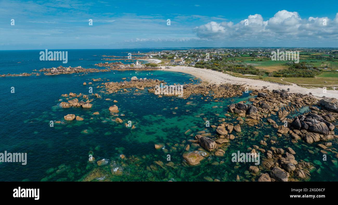 Aerial view of Pontusval Lighthouse and the beaches. Plounéour ...