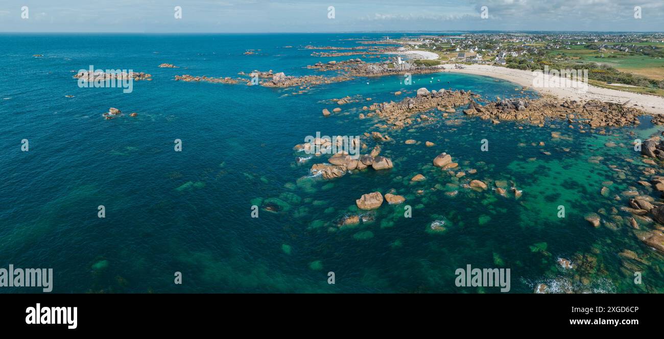 Aerial view of Pontusval Lighthouse and the beaches. Plounéour ...