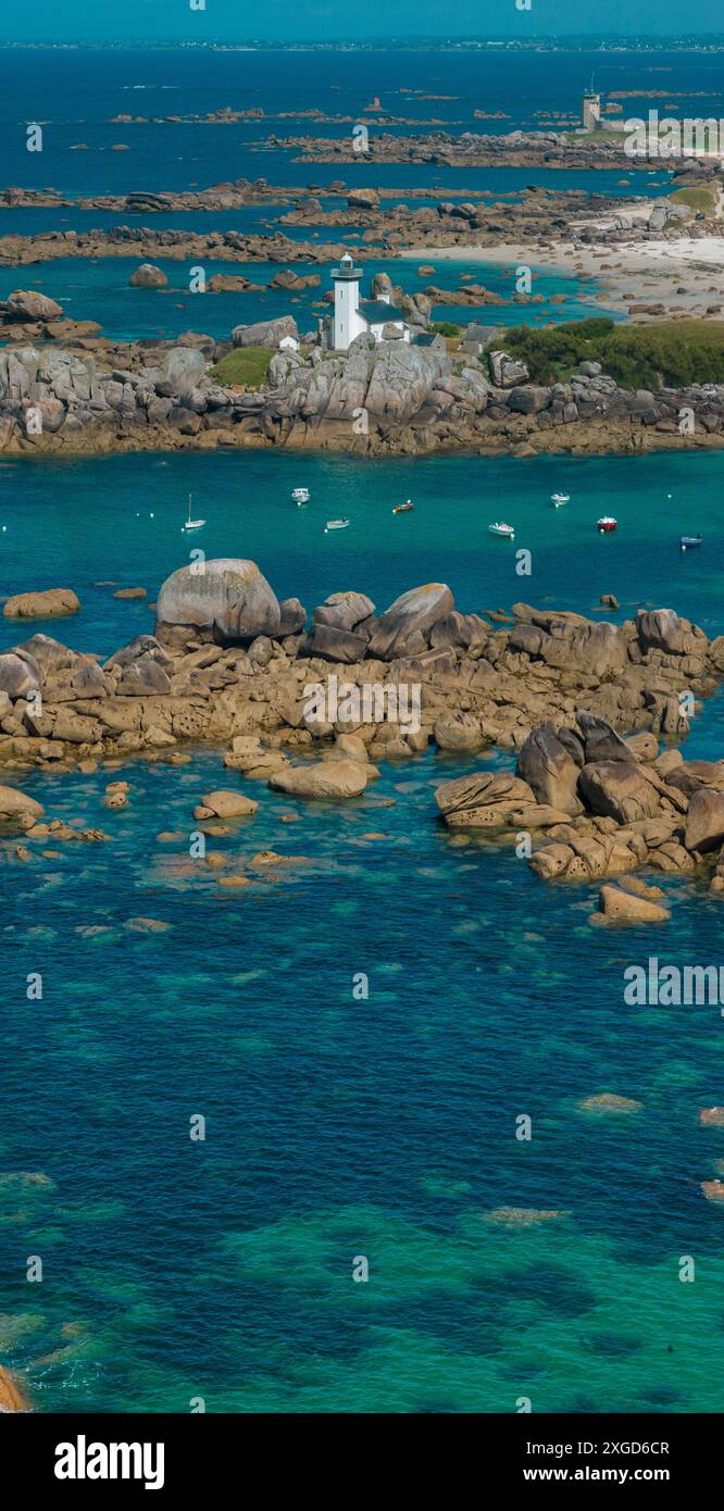 Aerial view of Pontusval Lighthouse and the beaches. Plounéour ...