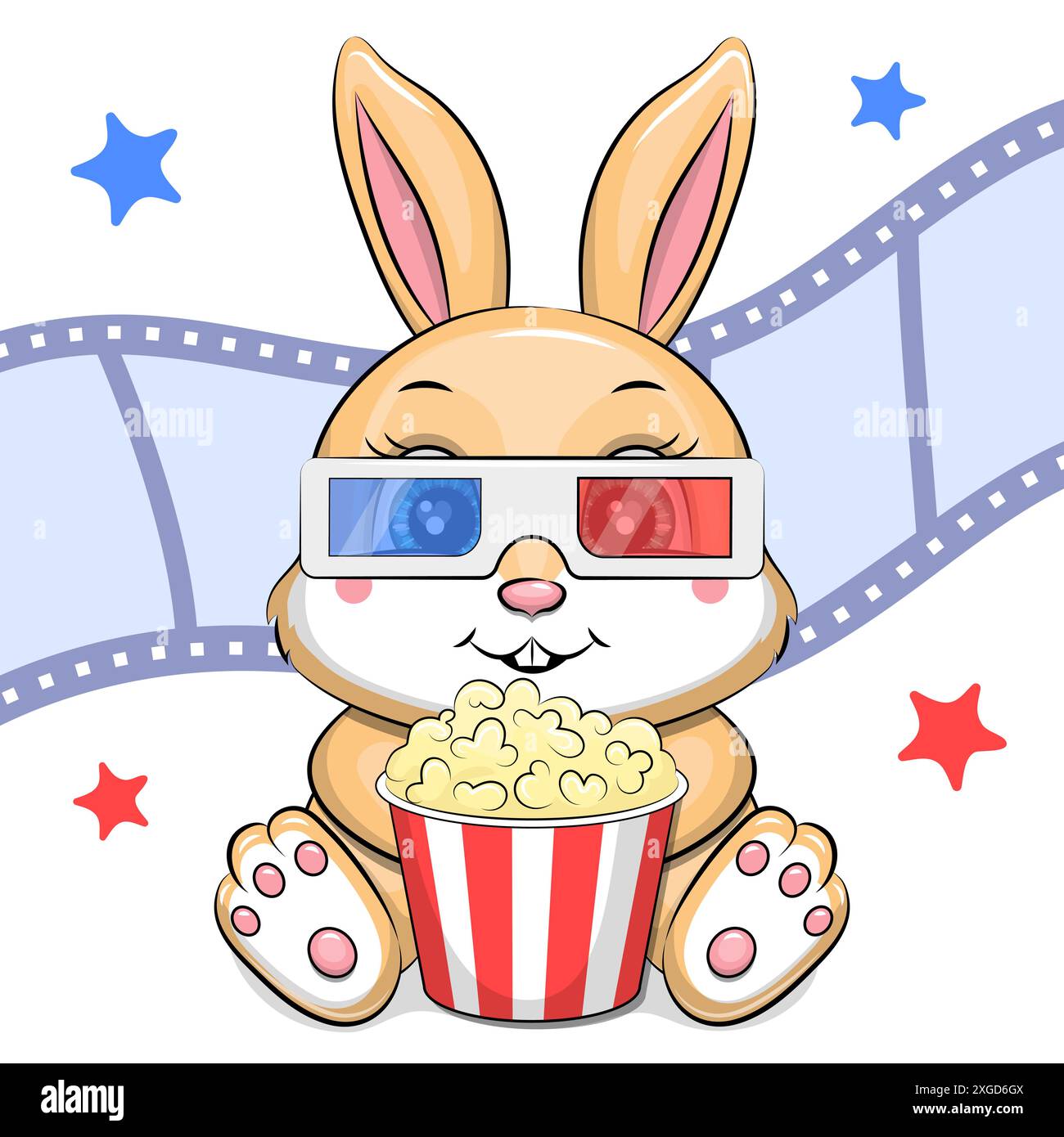 Cute cartoon baby rabbit in 3d cinema glasses holds popcorn. Vector ...