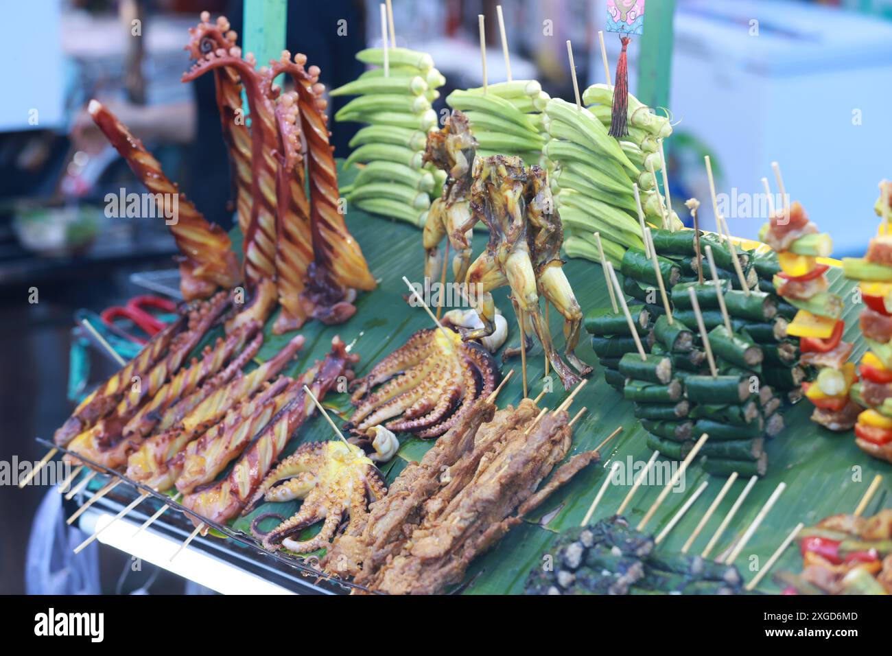 a market stall selling Vietnamese street food such as grill squid ...