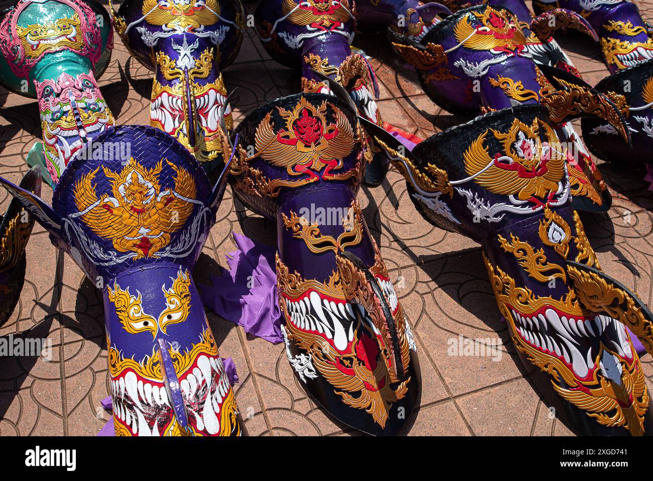 Loei, Thailand. 08th July, 2024. The ghost masks seen on the floor ...