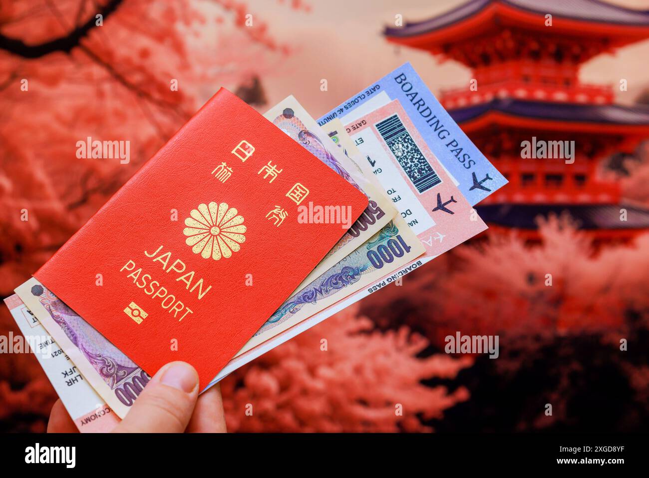 In Japanese old house background, tourist holds Japanese yen, Japan ...