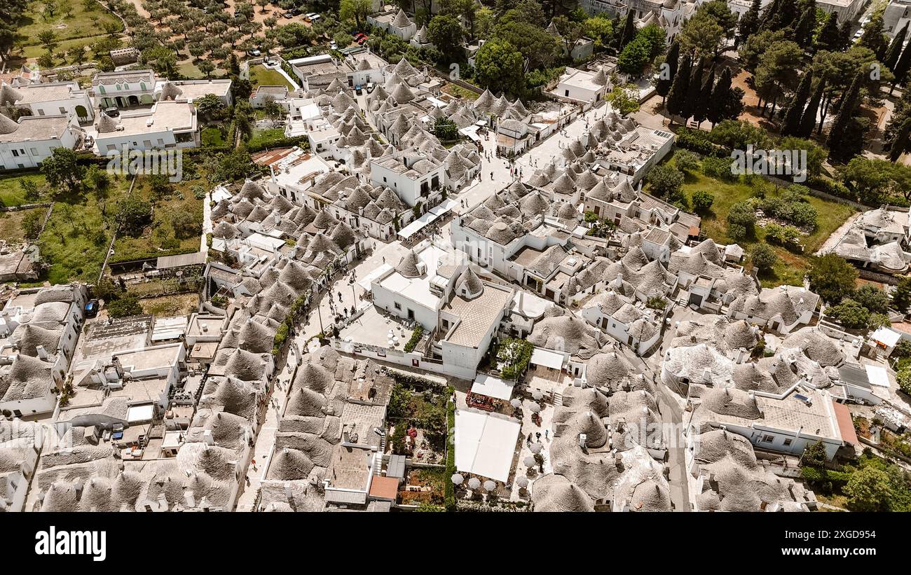 An aerial drone photo of Alberobello, Puglia, Italy, captures the ...